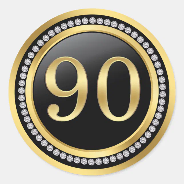 Black and gold, printed diamonds 90th Birthday Classic Round Sticker ...