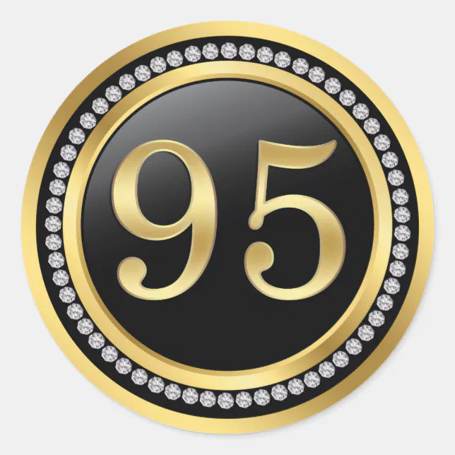 Black and gold, printed diamonds 95th Birthday Classic Round Sticker ...