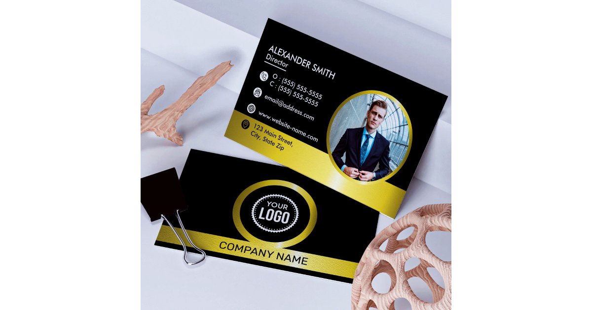 Black And Gold Professional Company Logo Add Photo Business Card | Zazzle