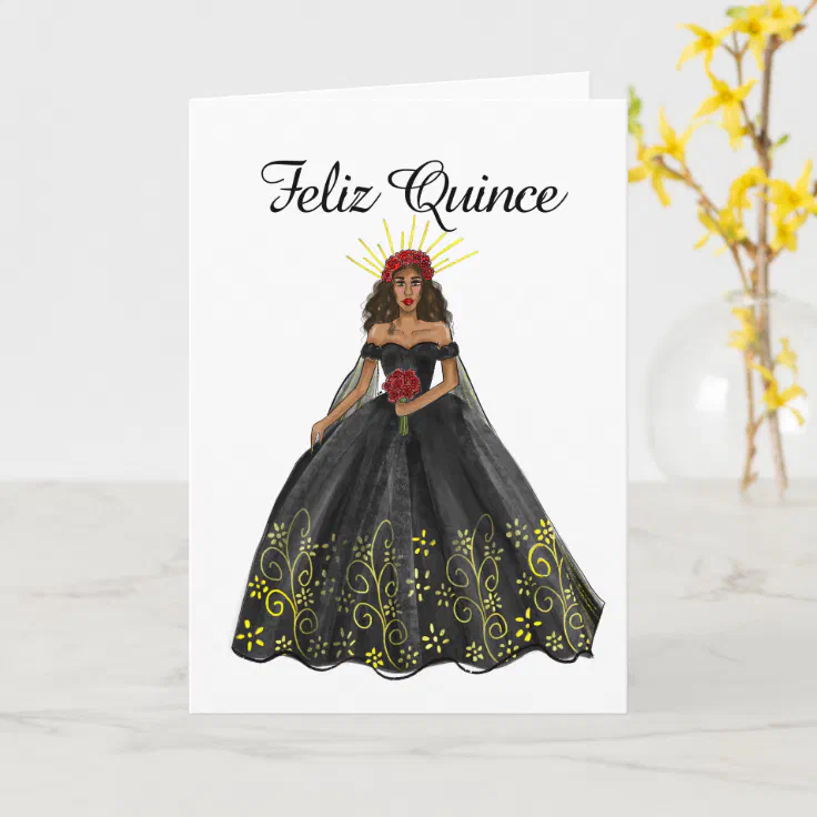 Black and Gold Quinceanera Dress Birthday Card | Zazzle