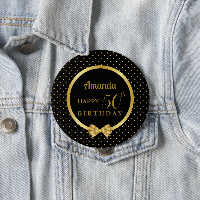 Black And Gold Ribbon Elegant 50th Birthday Button | Zazzle