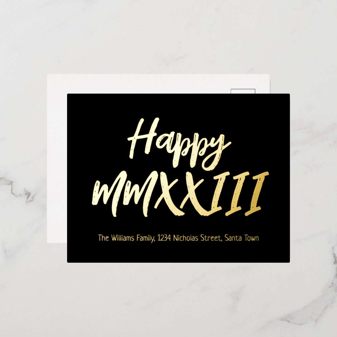 Black and Gold Roman Numerals Happy 2023 Foil Holiday Postcard | Zazzle