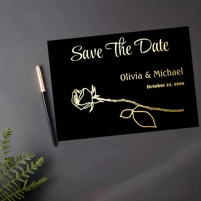 Black and Gold Rose bud Save the Date card | Zazzle