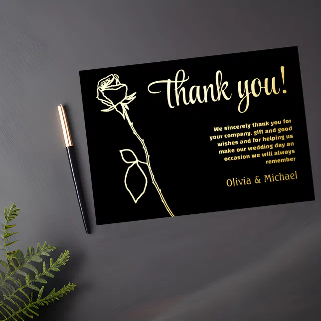 Black and Gold Rose bud Thank you card | Zazzle
