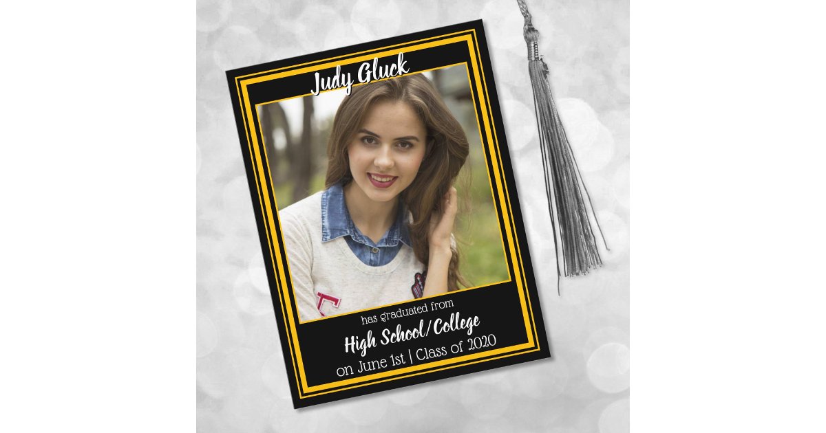 Black and Gold School Colors Photo Graduation Announcement Postcard ...