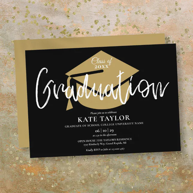 Black And Gold Script Graduation Party Invitation | Zazzle