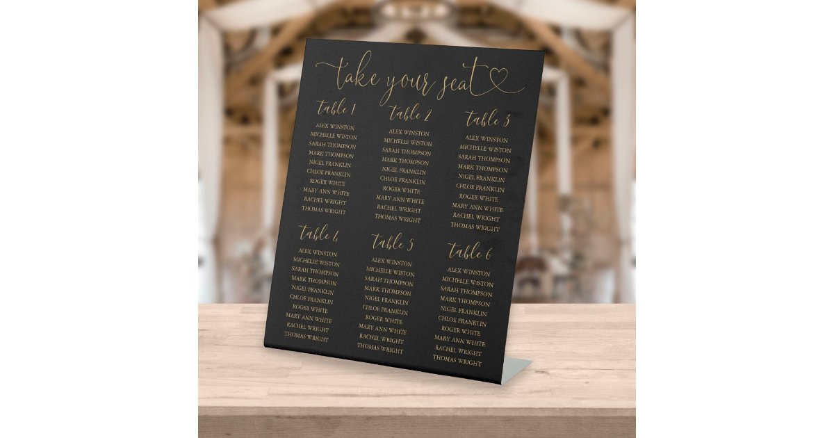 Black And Gold Script Seating Chart Table Number Pedestal Sign | Zazzle