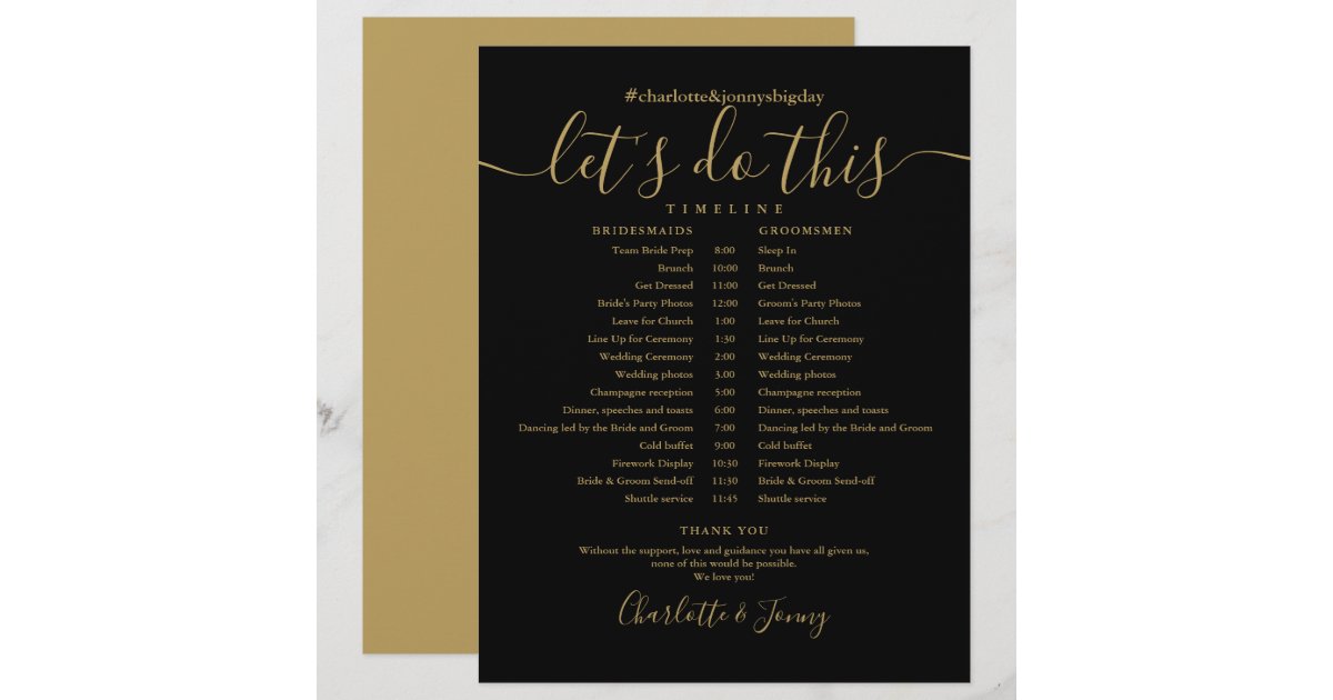 Black And Gold Script Wedding Schedule Timeline | Zazzle