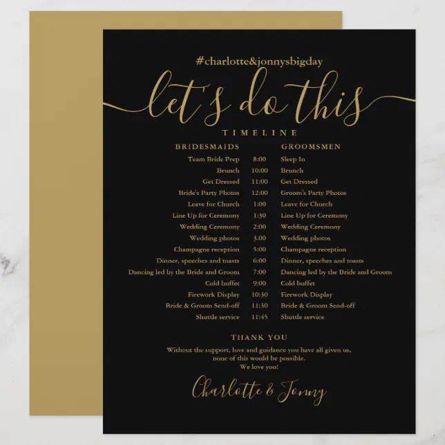 Black And Gold Script Wedding Schedule Timeline | Zazzle