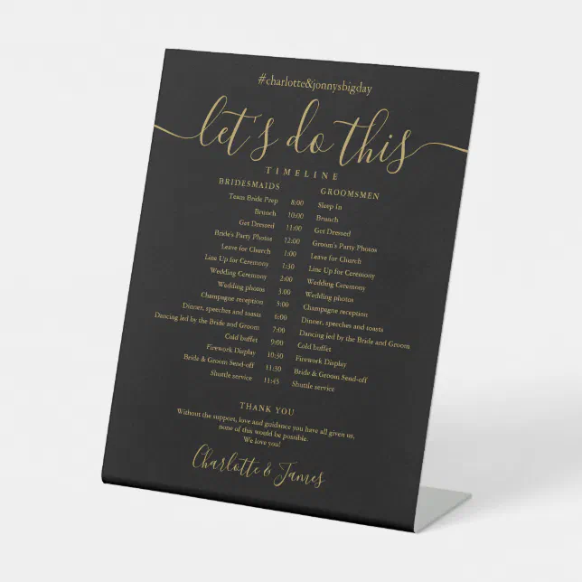 Black And Gold Script Wedding Schedule Timeline Pedestal Sign | Zazzle