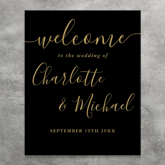 Black And Gold Script Wedding Welcome Sign | Zazzle