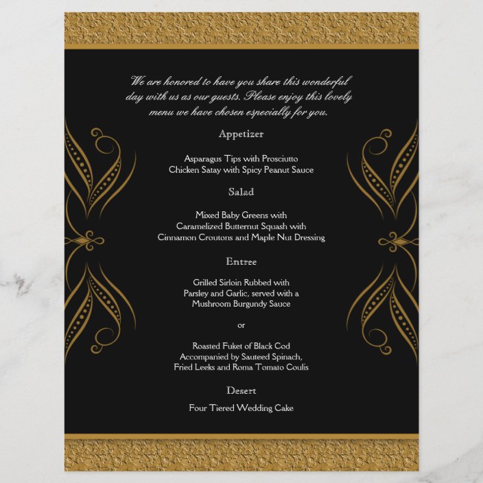 Black and Gold Scroll Accent Wedding Menu | Zazzle