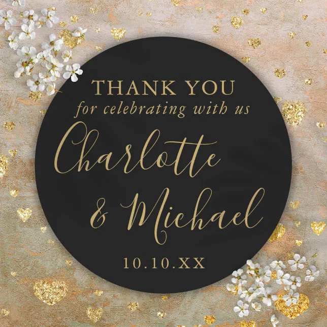 Black And Gold Signature Wedding Favor Thank You Classic Round Sticker ...