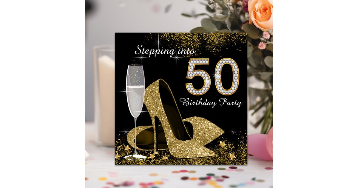 Black and Gold Stepping Into 50 Birthday Party Invitation | Zazzle