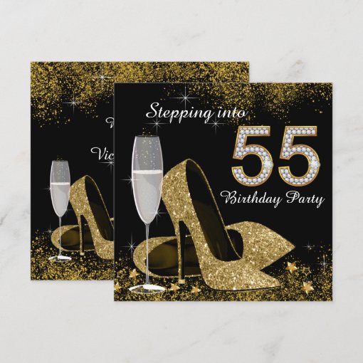 Black and Gold Stepping Into 55th Birthday Party Invitation | Zazzle