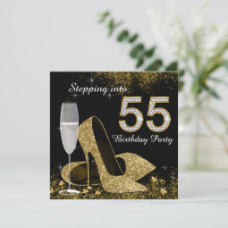 Black and Gold Stepping Into 55th Birthday Party Invitation | Zazzle