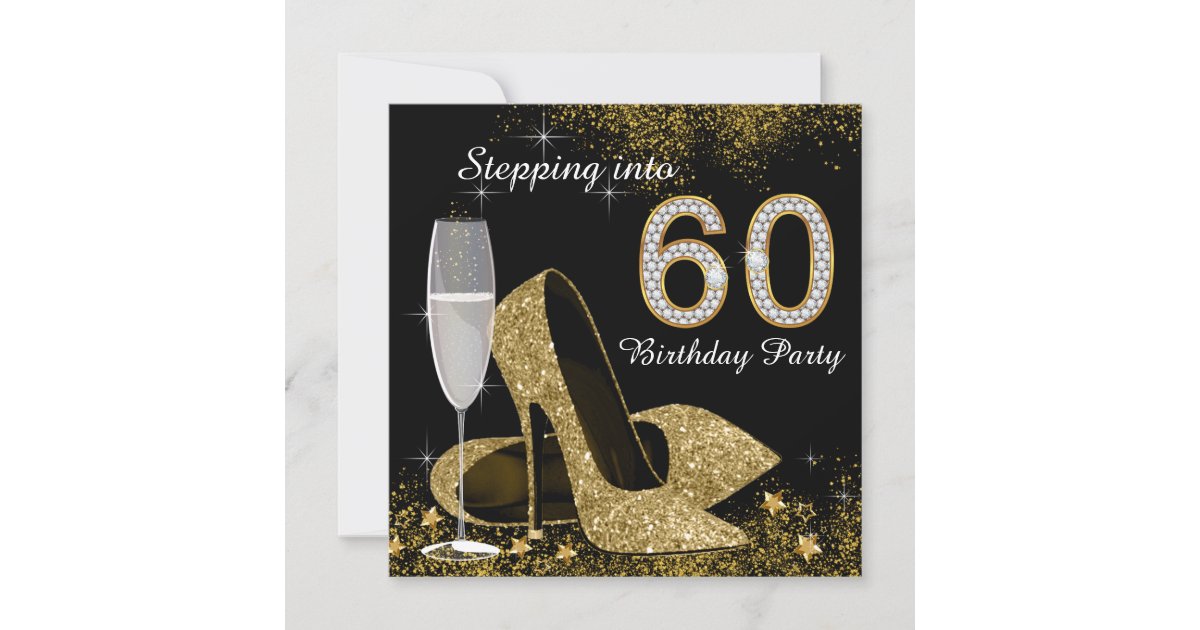 Black and Gold Stepping Into 60 Birthday Party Invitation | Zazzle