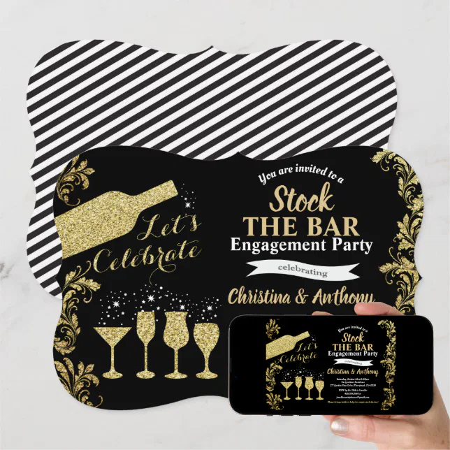 Black and gold stock the bar engagement party invitation | Zazzle