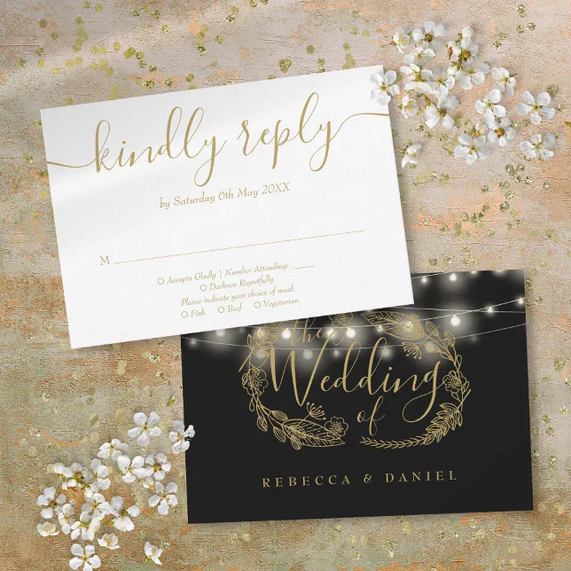 Black And Gold String Lights Floral Wedding RSVP Card | Zazzle