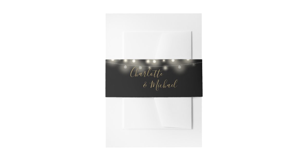 Black And Gold String Lights Signature Script Invitation Belly Band ...