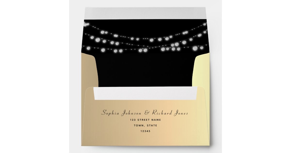 Black and Gold String Lights Wedding 5x7 Envelope | Zazzle