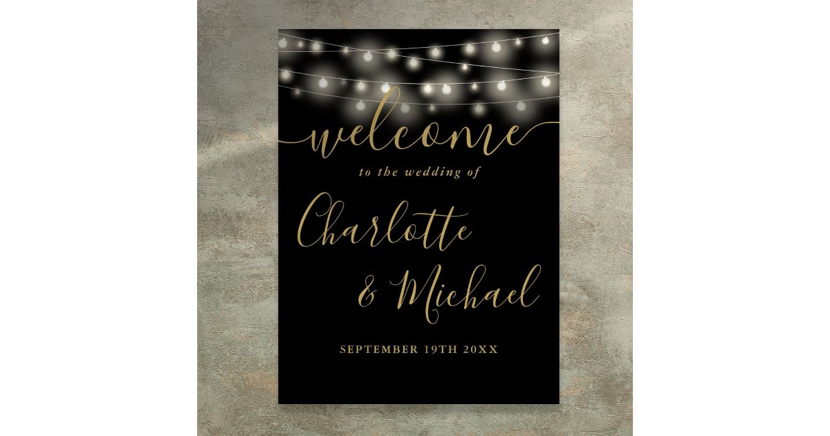 Black And Gold String Lights Wedding Welcome Sign | Zazzle