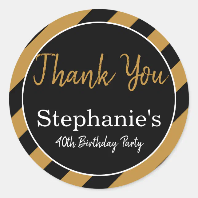 Black and Gold Stripes with White Birthday Party Classic Round Sticker ...