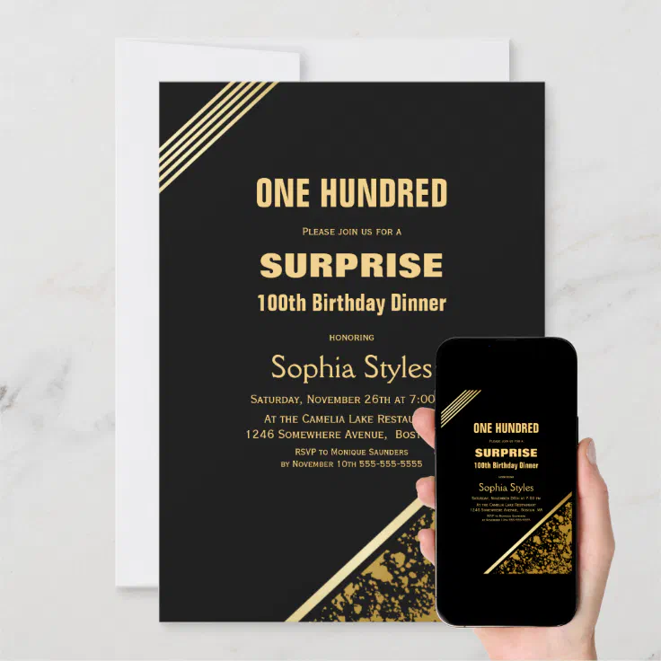 Black and Gold Surprise 100th Birthday Dinner Invitation | Zazzle