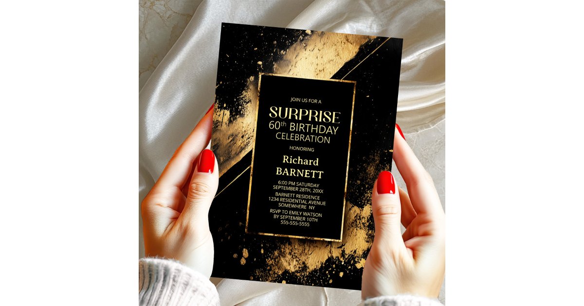 Black and Gold Surprise 60th Birthday Party Invitation | Zazzle