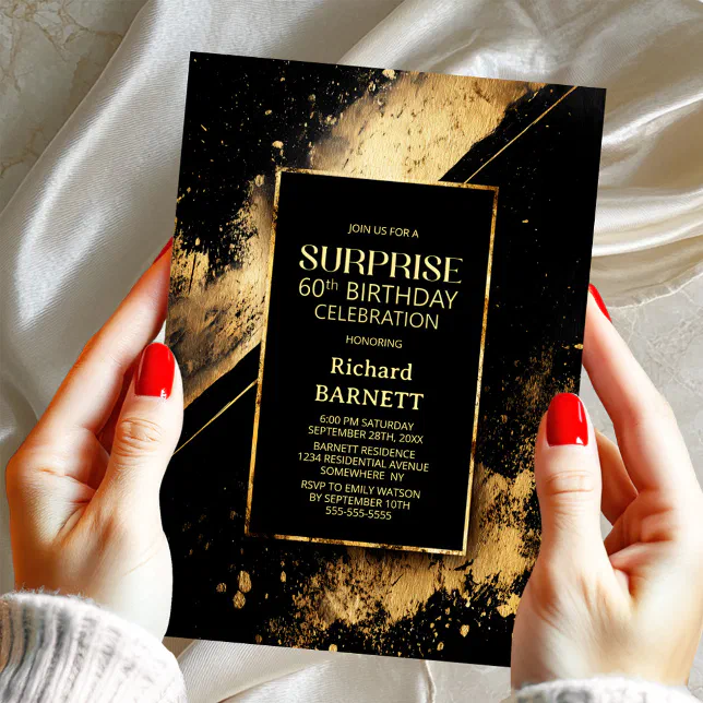Black and Gold Surprise 60th Birthday Party Invitation | Zazzle