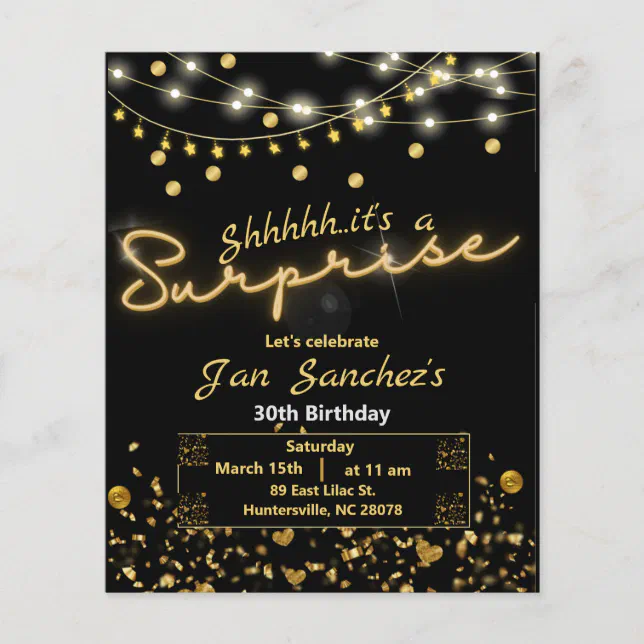 Black and gold surprise budget invitation QRcode Flyer | Zazzle