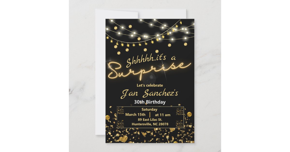 Black and gold surprise invitation with QR code | Zazzle