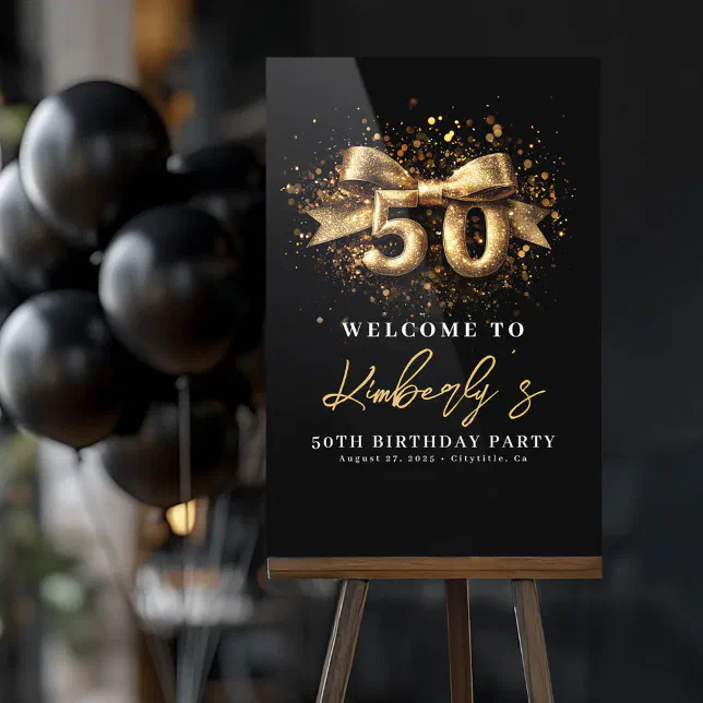 Black And Gold Typography Fifty 50th Birthday Acrylic Sign | Zazzle