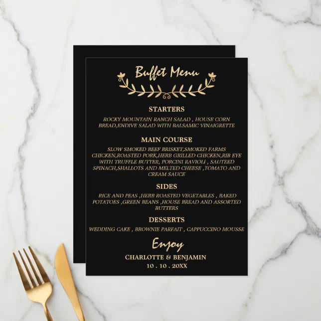 Black And Gold Wedding Buffet Menu Card | Zazzle