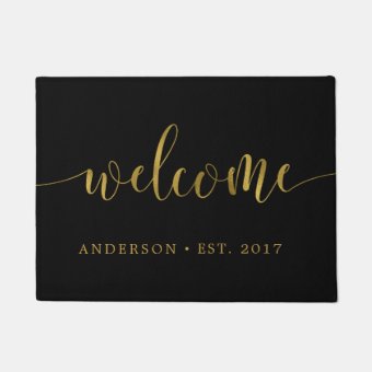 Black and Gold Welcome Script Personalized Doormat | Zazzle