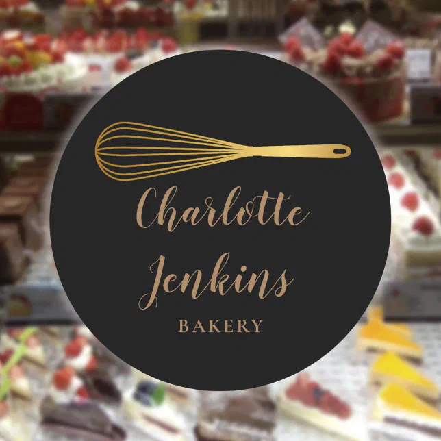 Black And Gold Whisk Bakery Patisserie Script Classic Round Sticker ...