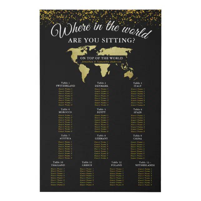 Black and Gold World Map Seating Chart Faux Canvas Print | Zazzle