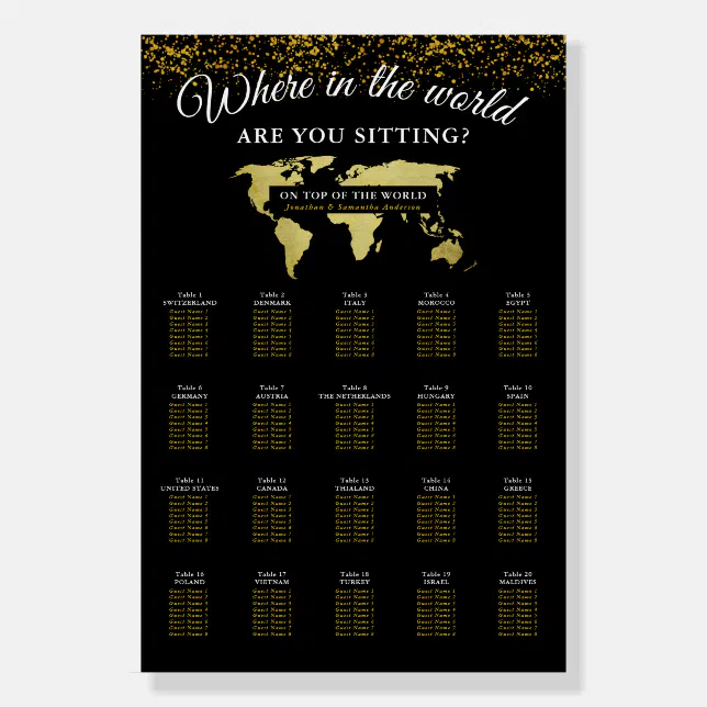 Black and Gold World Map Seating Chart Foam Board | Zazzle