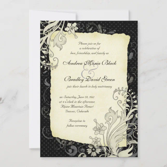 Black and Ivory Floral Wedding Invitation | Zazzle