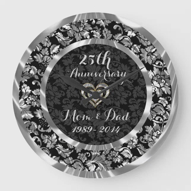 Black And Metallic Silver 25th Wedding Anniversary Large Clock | Zazzle