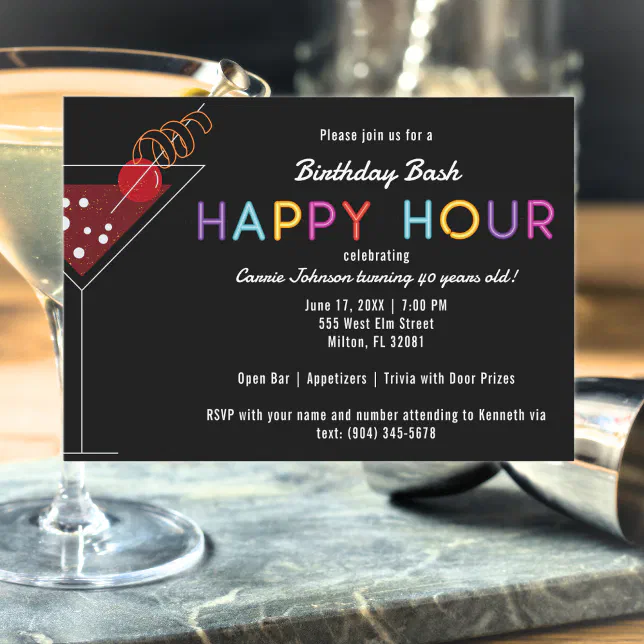 Black and Neon Happy Hour Invite | Zazzle