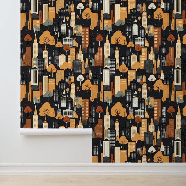 Black and Orange City Buildings in Fall Pattern Wallpaper | Zazzle