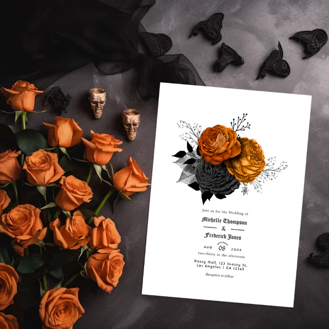 Black and Orange Floral Gothic Wedding Invitation | Zazzle