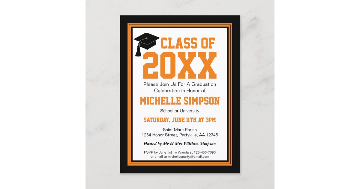 Black and Orange Graduation Party Invitation Postcard | Zazzle
