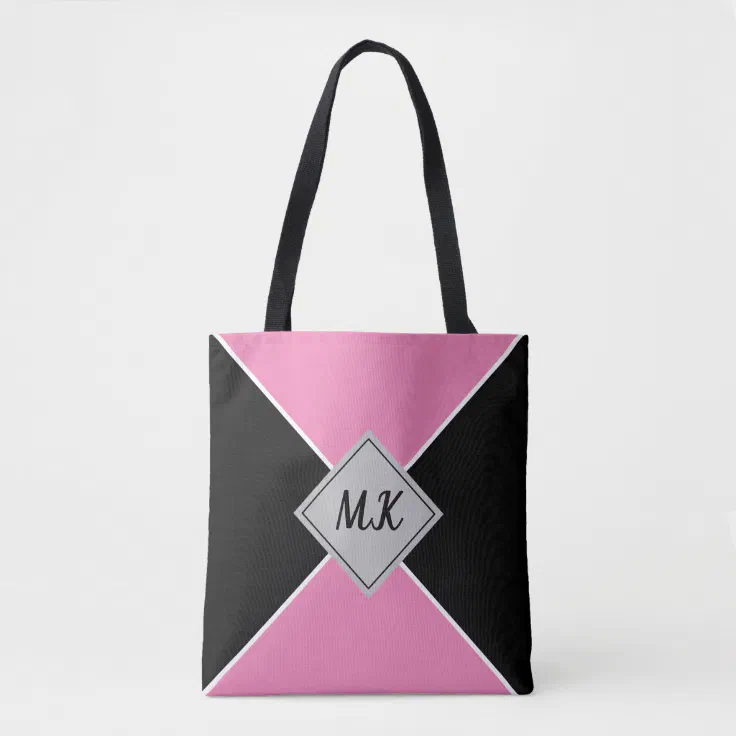 Black and Pink Colorblock Monogrammed Tote Bag | Zazzle