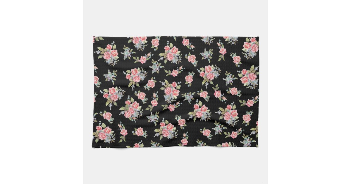 Black and Pink Floral Rose pattern Towel | Zazzle