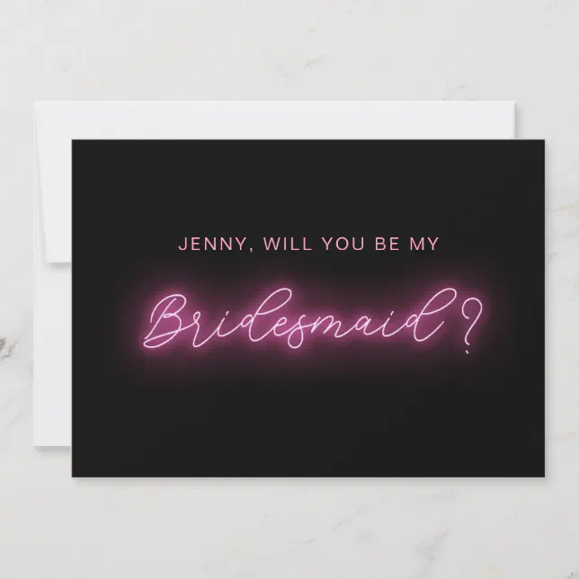 Black and Pink Neon Glow Light bridesmaid card | Zazzle