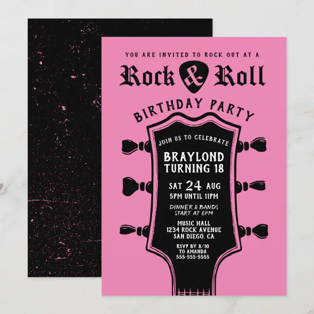 Black and Pink Rock n Roll Guitar Invitation | Zazzle