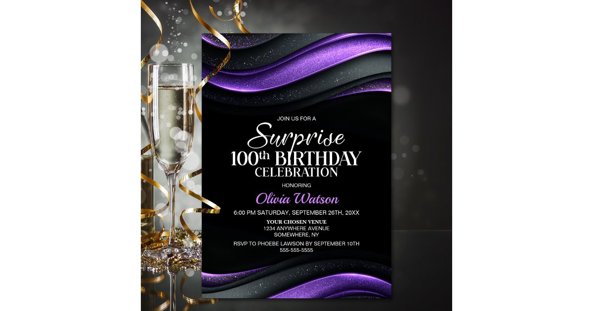 Black and Purple Surprise 100th Birthday Invitation | Zazzle