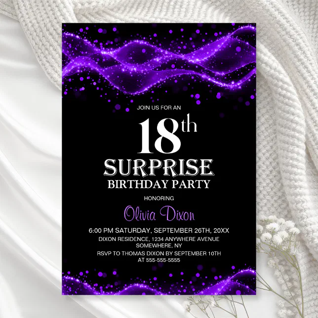 Black and Purple Surprise 18th Birthday Party Invitation | Zazzle